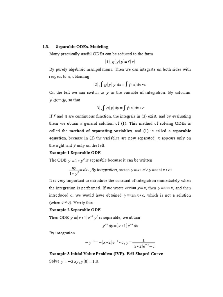 1 3 Separable Odes Modeling Pdf Ordinary Differential Equation Mathematical Concepts