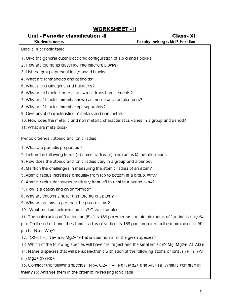 Periodic Classification WS II | PDF | Ion | Ionic Bonding