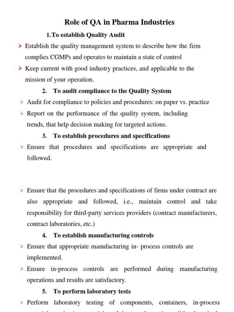 Role of QA in Pharmaceutical Industry | PDF | Specification (Technical Standard) | Quality Assurance