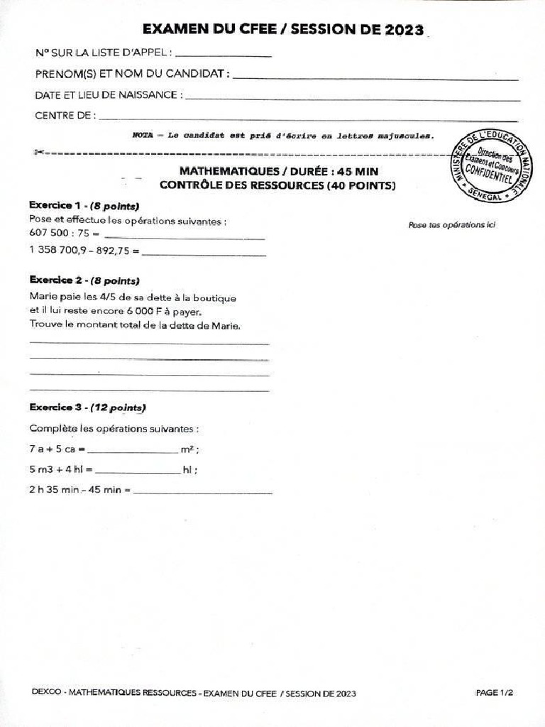 Preuve Cfee 2023 Mathématiques Contrôle Des Ressources | PDF