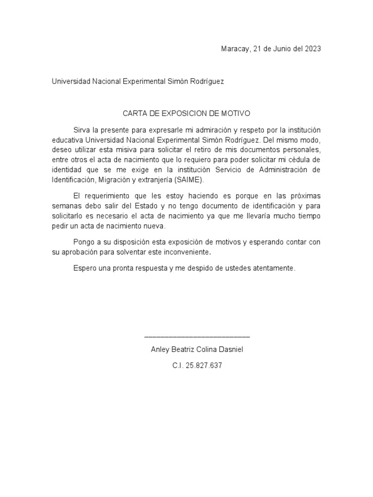 Carta Exposicion de Motivo | PDF