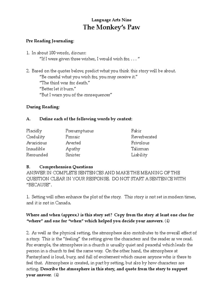 Monkeys Paw Question Page | PDF | Human Communication