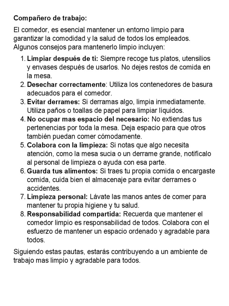 Limpieza Comedor | PDF