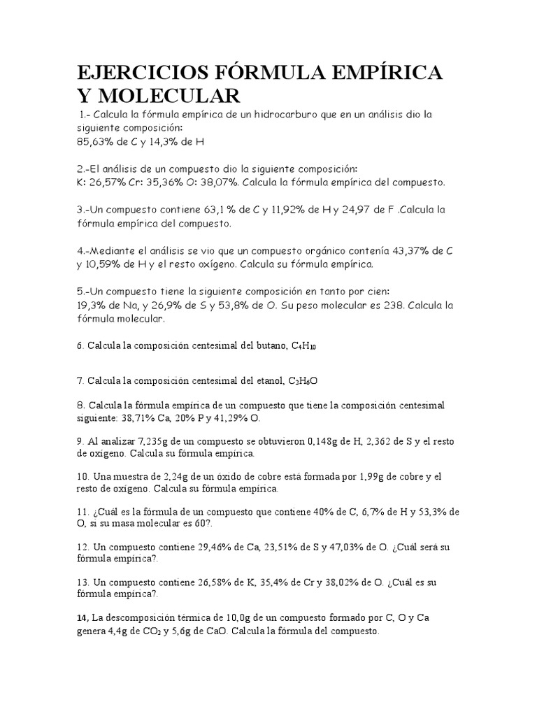 Ejercicios Fórmula Empírica y Molecular | Descargar gratis PDF ...