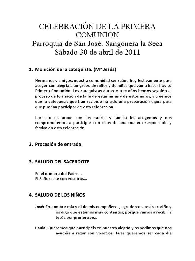 Esquema de Celebración de Primeras Comuniones | PDF