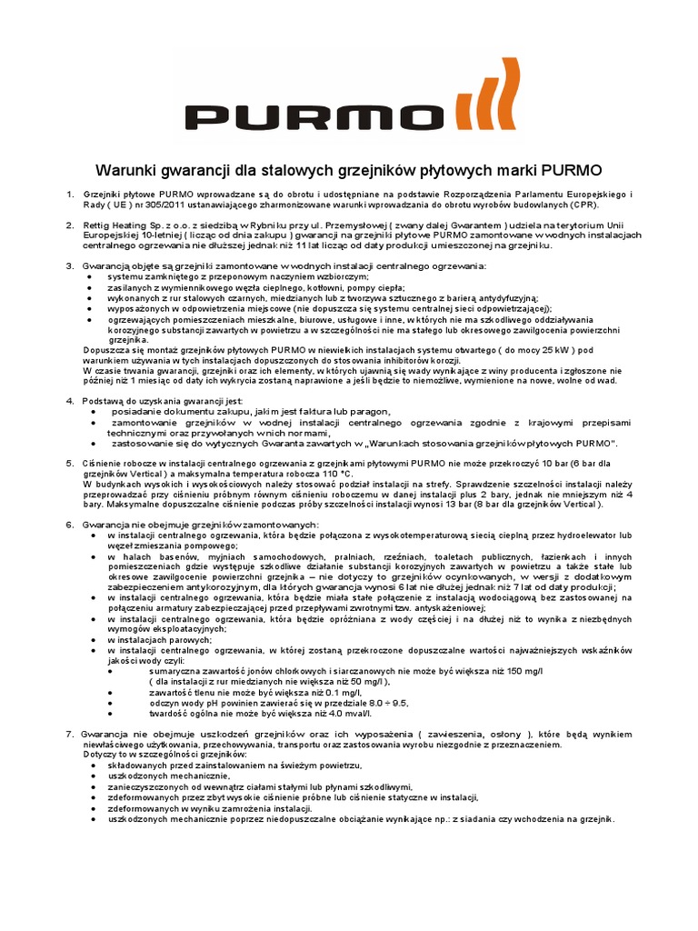 Gwarancja Purmo Grzejniki Plytowe 12 - 2014 - PL | PDF