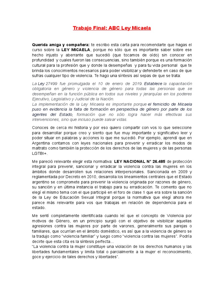 Trabajo Final LEY MICAELA | PDF | La violencia contra las mujeres