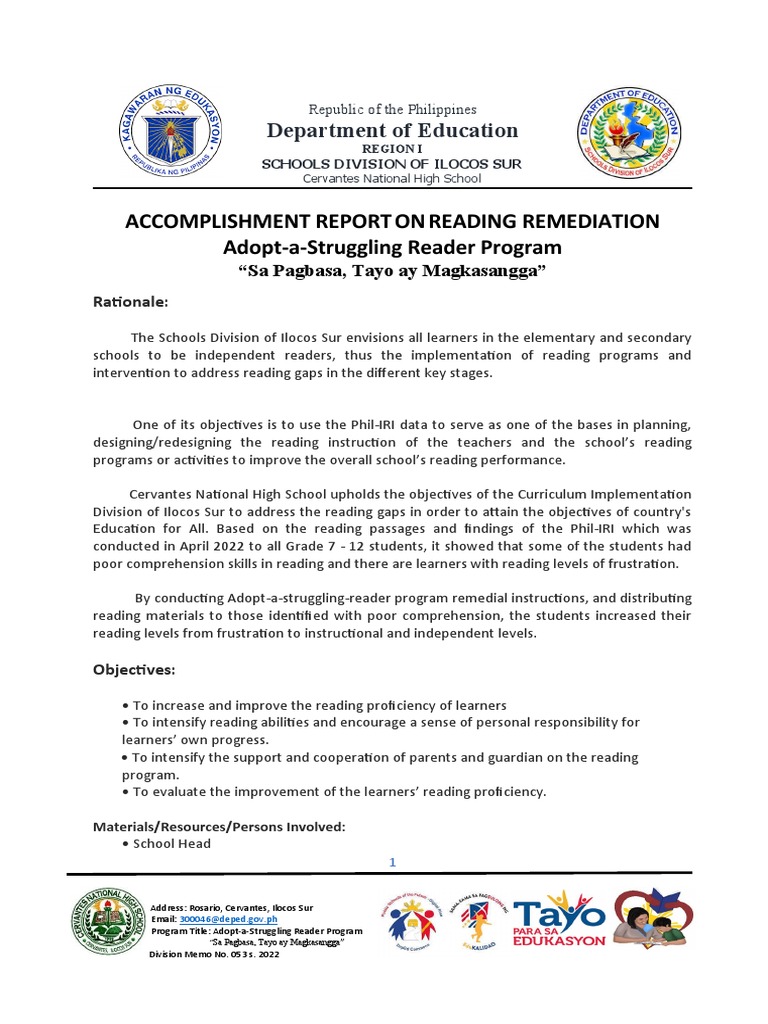 Accomplishment Reading Remediation | PDF | Learning Methods ...