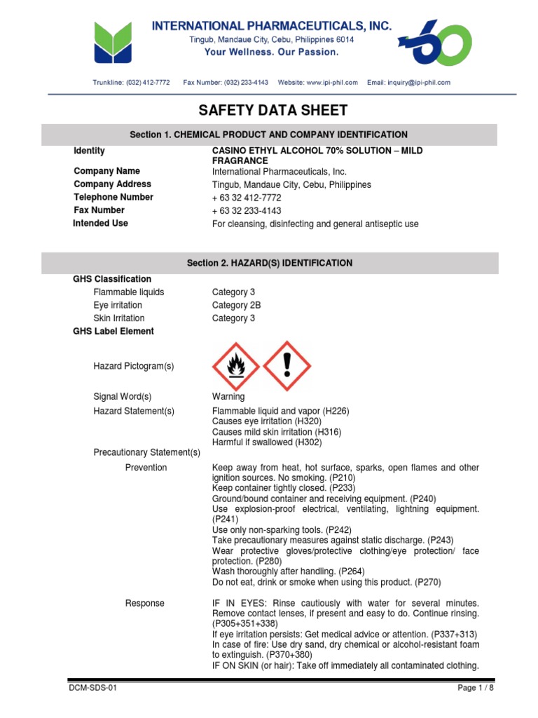 SDS 01 - Casino Mild Fragrance | PDF | Waste Management | Toxicity
