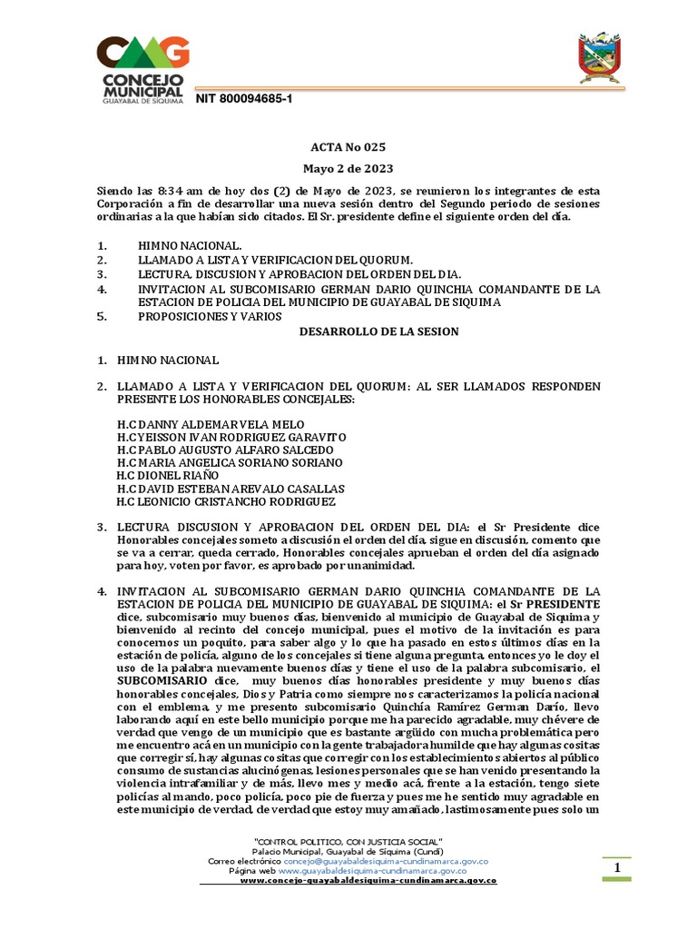Acta #025 Sesion Invitacion Comandante | PDF | Teléfonos móviles | Policía