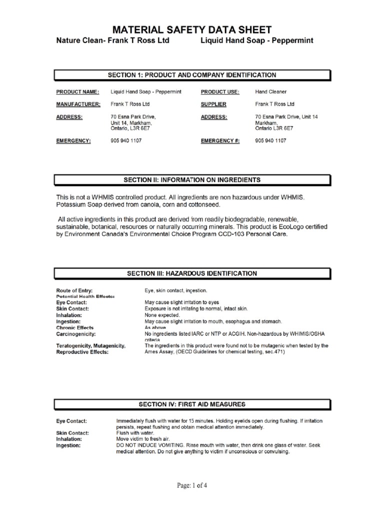 Liquid Hand Soap-Peppermint MSDS Sample | PDF