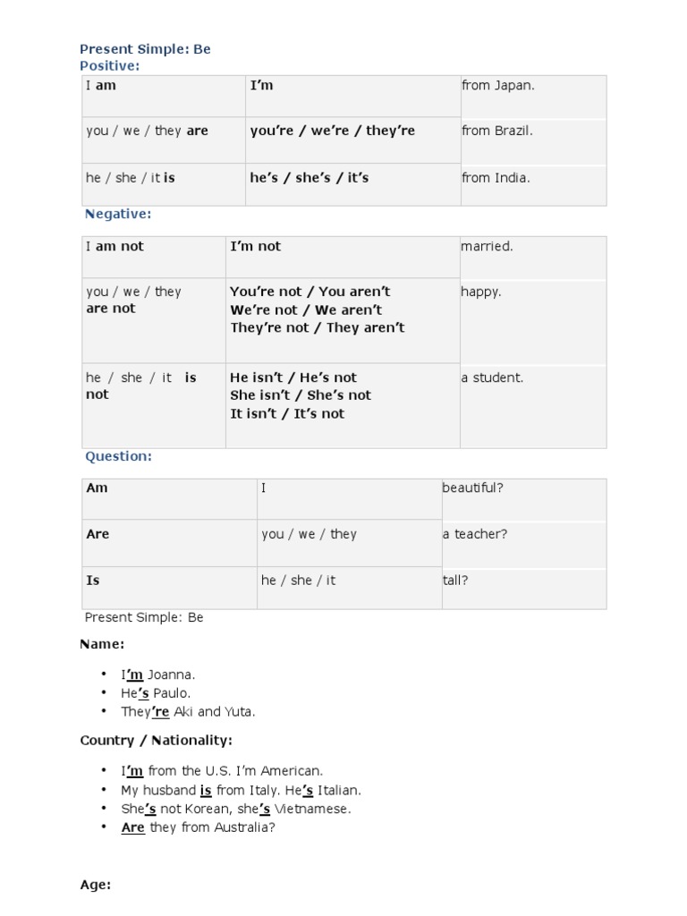 Present Simple: Be Grammar Guide | PDF | Adverb | Noun