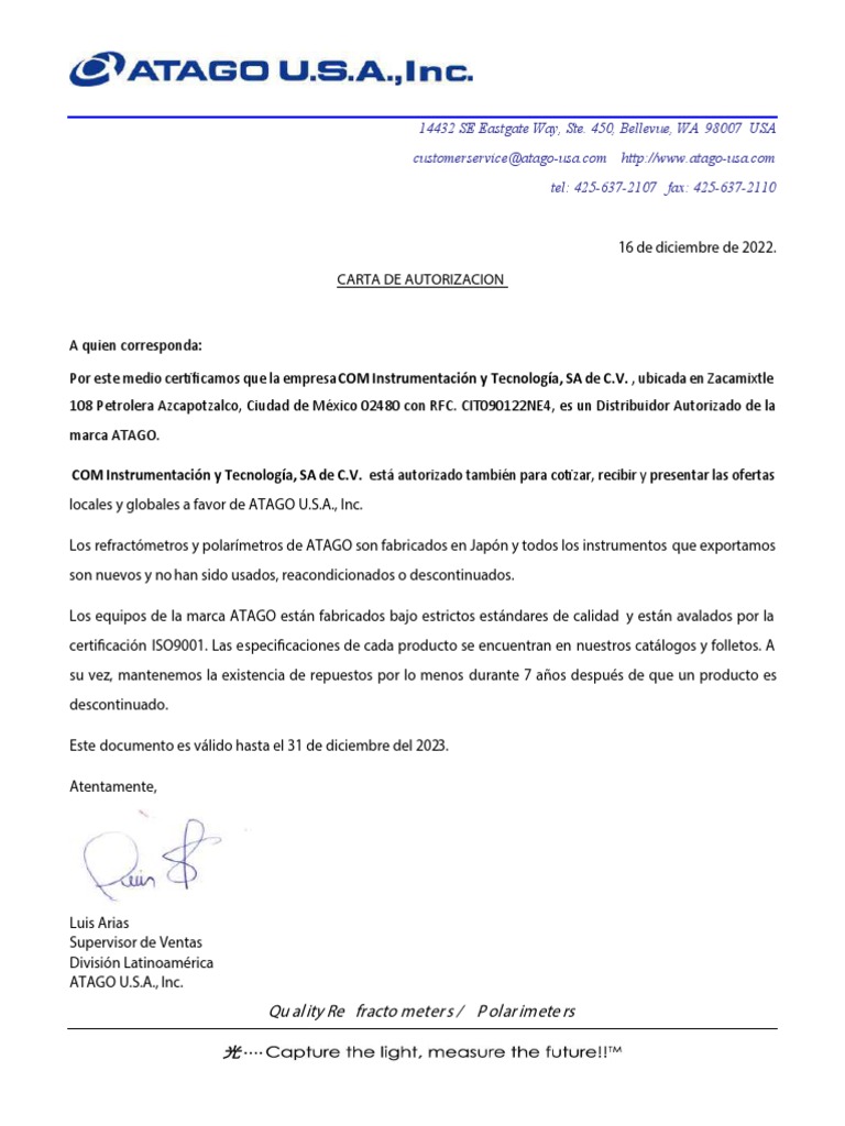 2 Carta de Autorizacion de Distribuidor Atago 2023 | PDF