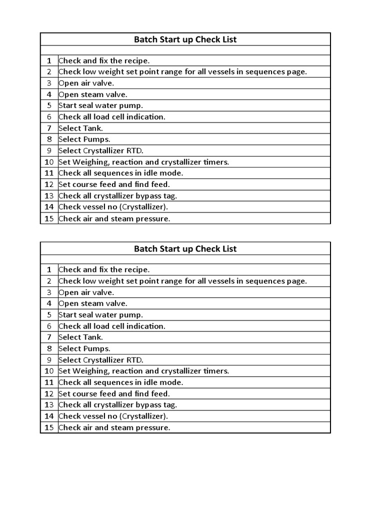 Batch Start Up Check List | PDF