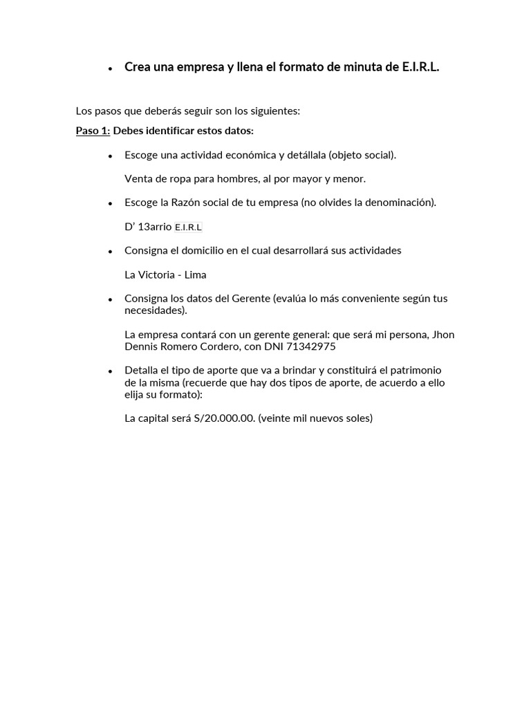 Semana 4 - Tema 1 Tarea - Minuta de E.I.R.L. | PDF | Business | Economias Semana 4 - Tema 1 Tarea - Minuta de E.I.R.L. | PDF | Business | Economias