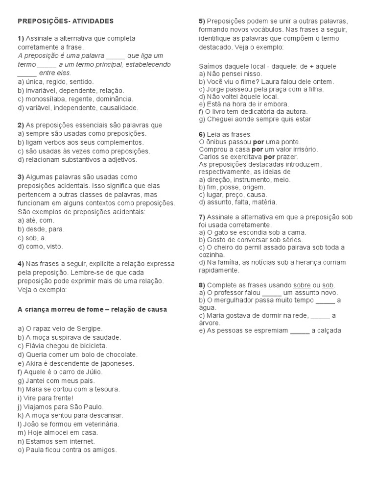 Preposições - Atividades | PDF | Preposição e posposição | Palavra