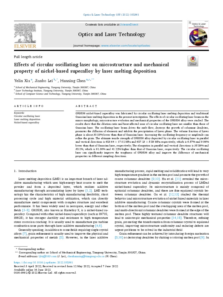 Effects of Circular Oscillating Laser On Microstructure and Mechanical Property of Nickel-Based ...