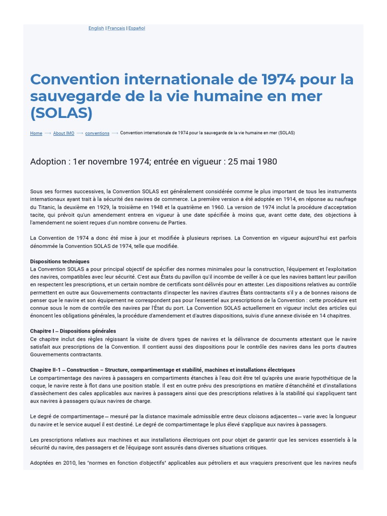 Convention SOLAS 1974 : Sécurité maritime | PDF | Transport de ...