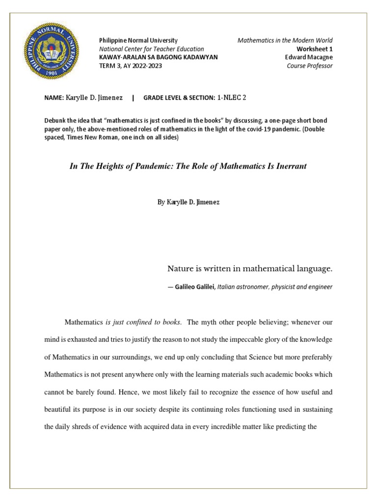 Worksheet 1 MATH-ESSAY-Jimenez, Karylle D. | PDF