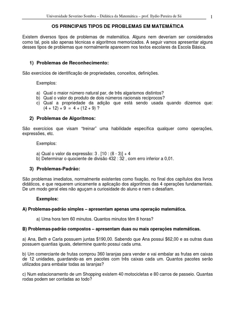 Os Principais Tipos de Problemas em Matemática