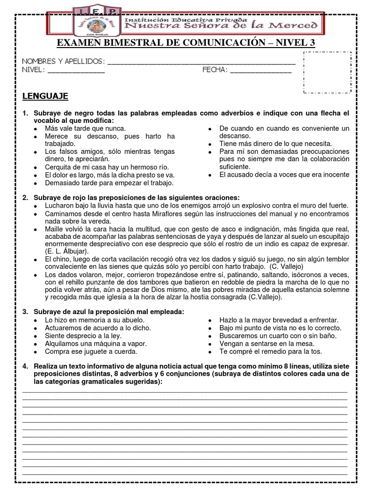 Examen Bimestral de Comunicación - Nivel 3 | PDF | Homosexualidad | Don Quijote