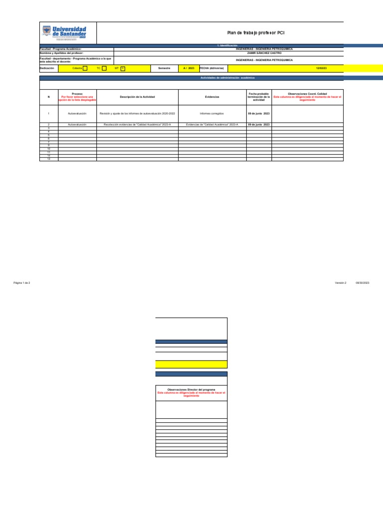 FORMATO PLAN - TRABAJO - PCI - Zamir Sánchez | PDF | Enseñando