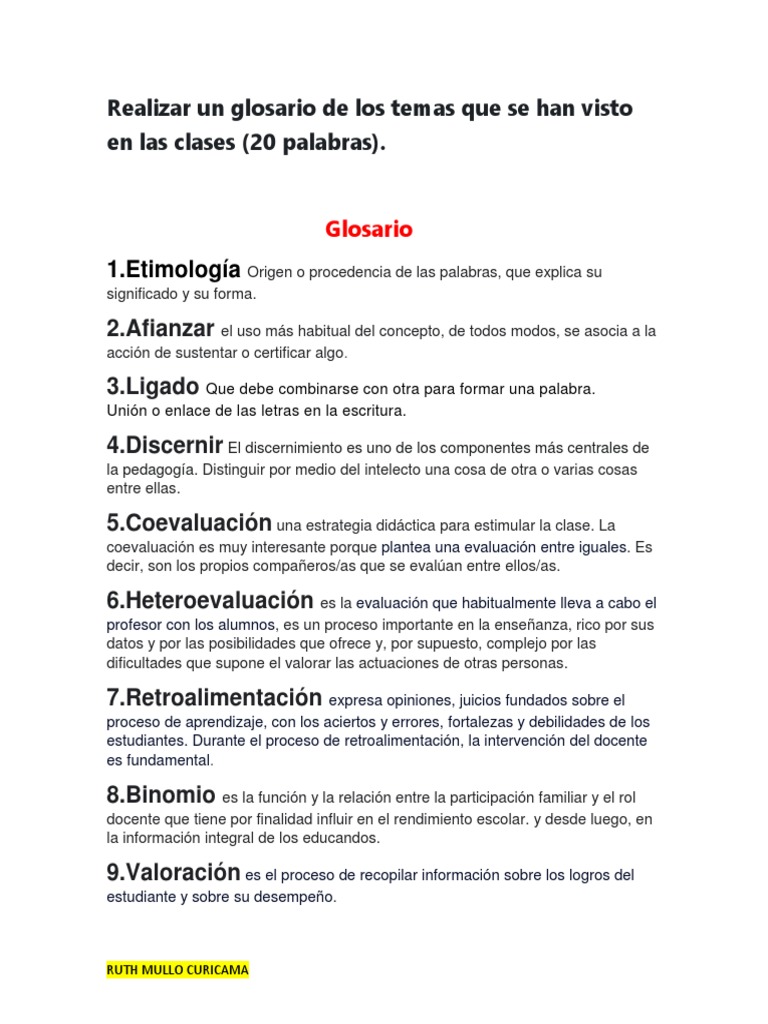 Glosario 20 Palabras | PDF | Evaluación | Aprendizaje
