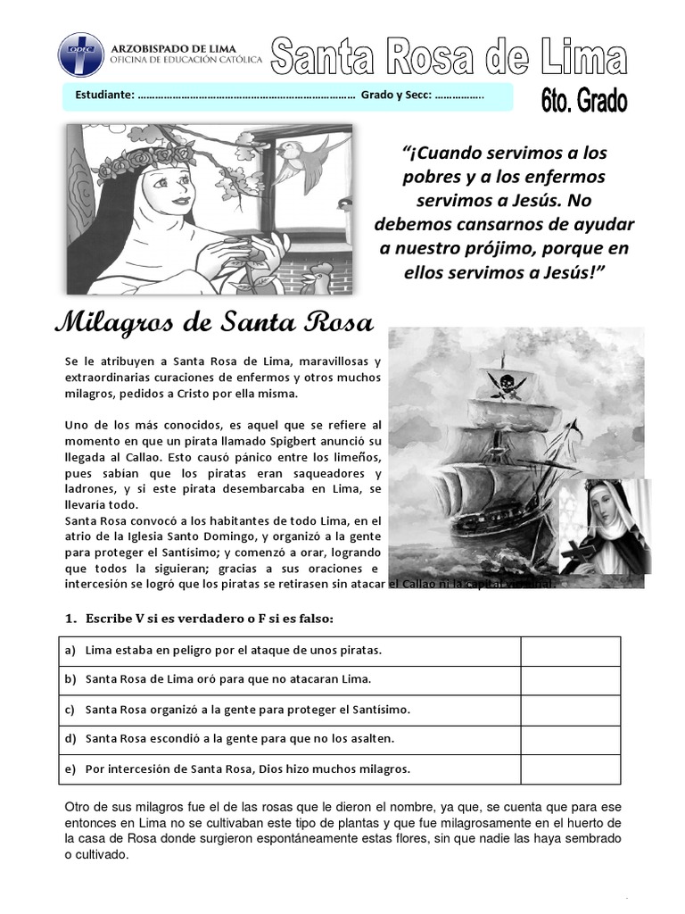 Ficha Santa Rosa de Lima. 6to. Primaria | PDF | Intercesión | Milagro