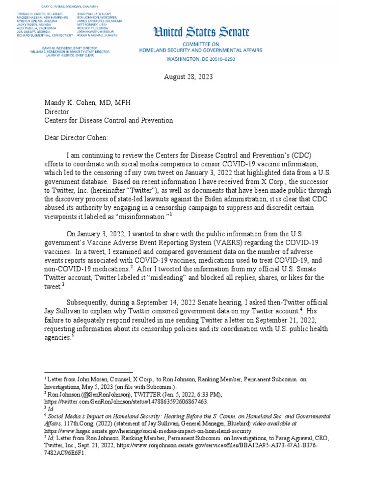 Ron Johnson's Letter To CDC Director Mandy Cohen | PDF