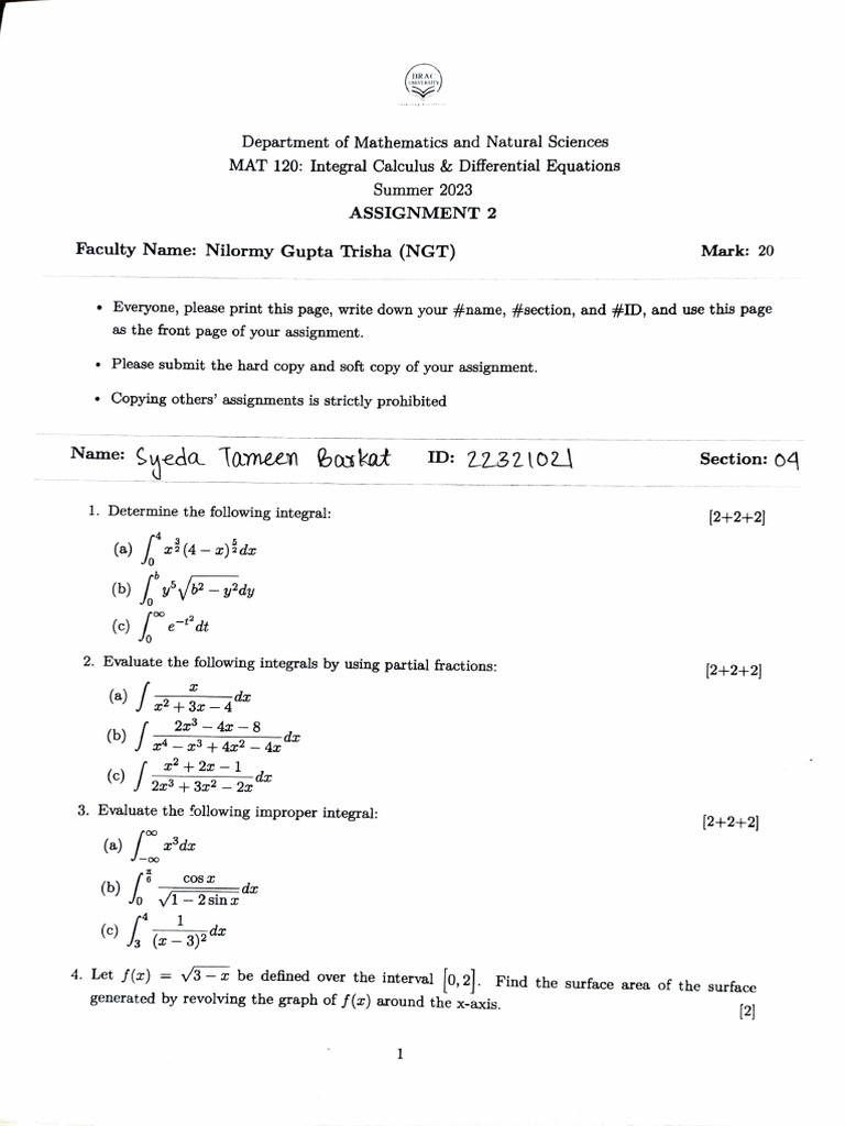 Mat120 Assignment 2 | PDF | Integral | Elementary Mathematics