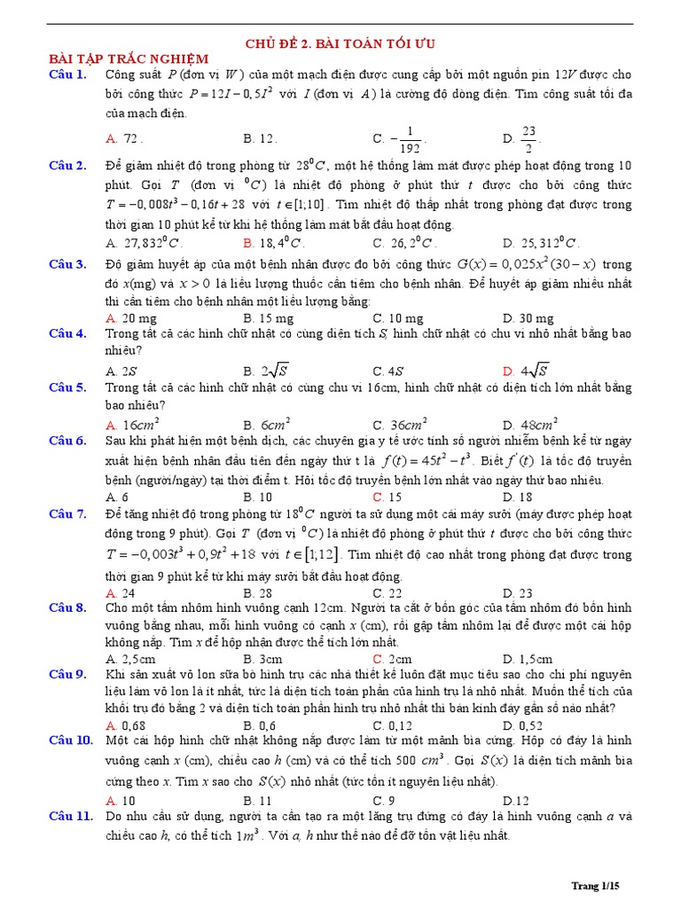 Tom Tat Ly Thuyet Va Bai Tap Trac Nghiem Bai Toan Toi Uu | PDF