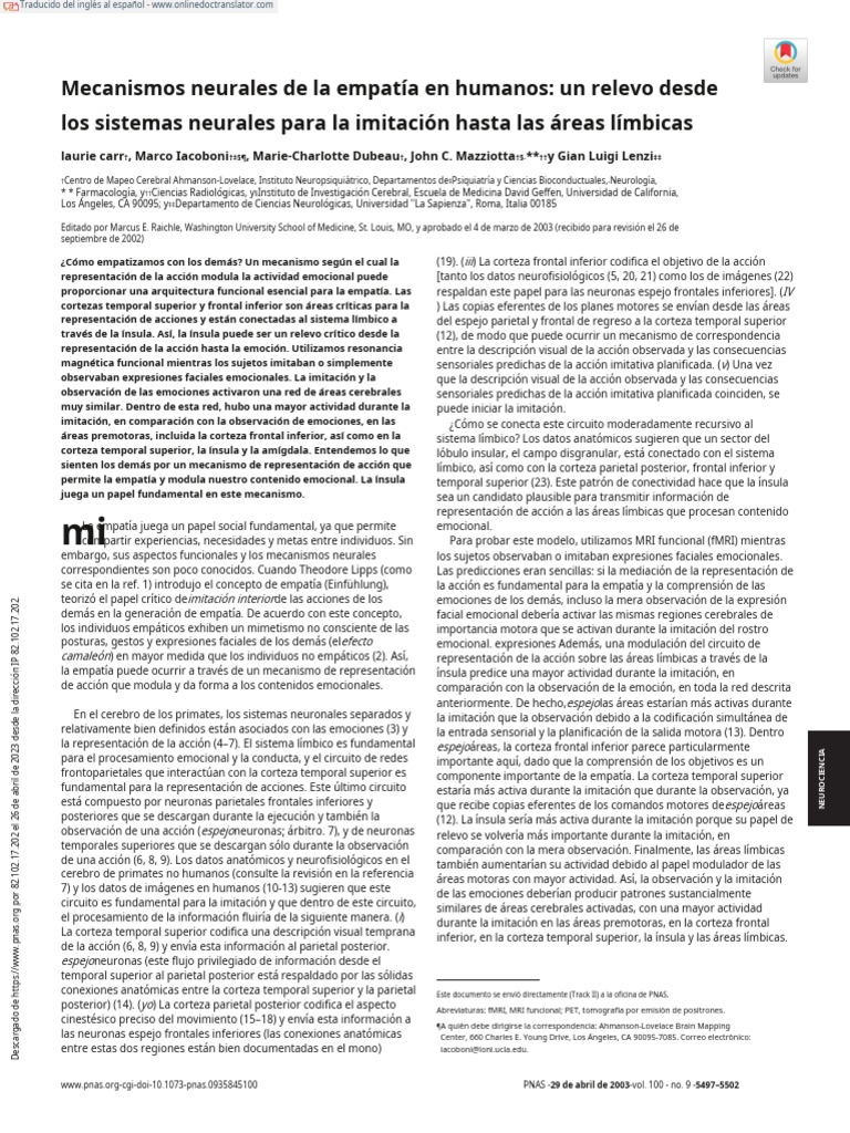 Carr L 2003 Neural Mechanisms of Empathy in Humans - En.es | PDF | Las emociones | Corteza Insular