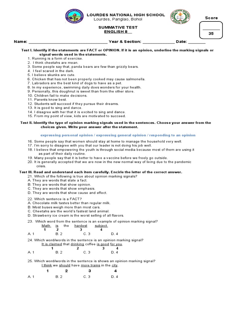 Opinion and Fact Identification Test | PDF