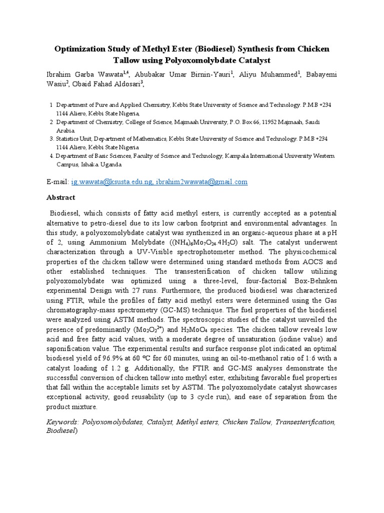 Methyl Ester Synthesis from Chicken Tallow | PDF | Biodiesel | Diesel Fuel
