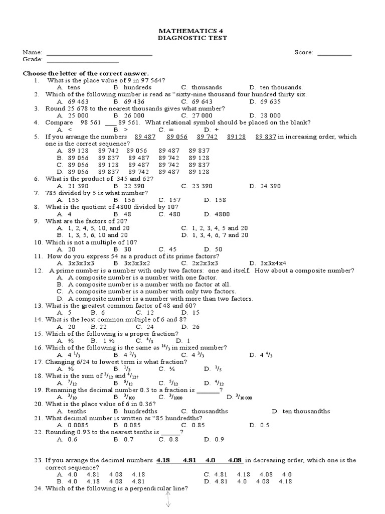 Pre-Test - Mathematics 4 | PDF | Elementary Geometry | Elementary ...