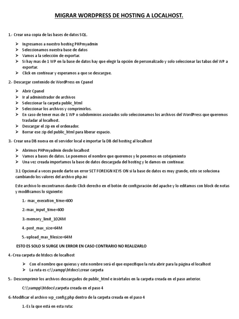 Pasos para Migrar de Hosting A Localhost Wordpress | PDF | Word Press | Archivo de computadora