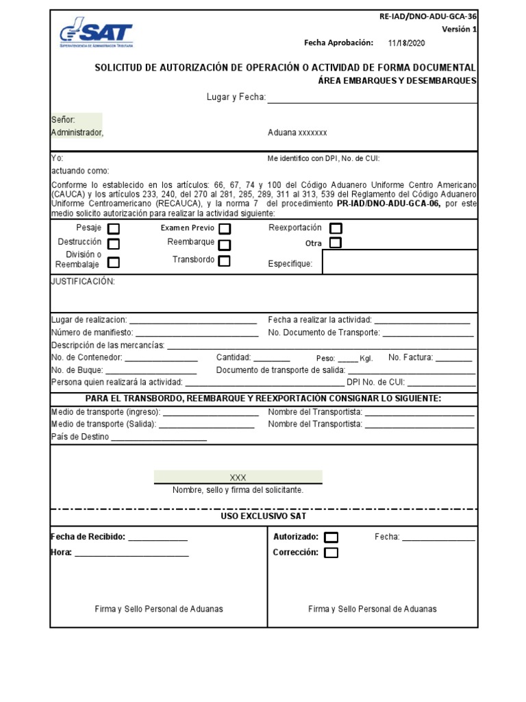 Solicitud de Operacion Actividad en Aduanas RE IAD DNO ADU GCA 36 | PDF | Política comercial ...