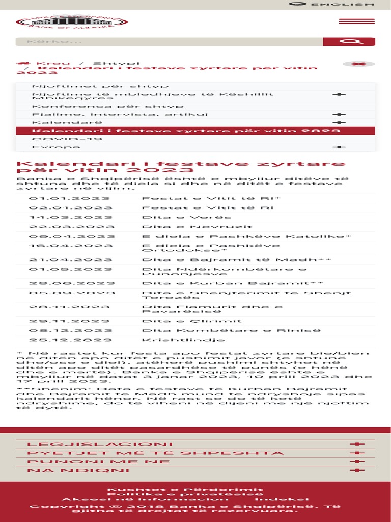Kalendari I Festave Zyrtare Për Vitin 2023 | PDF