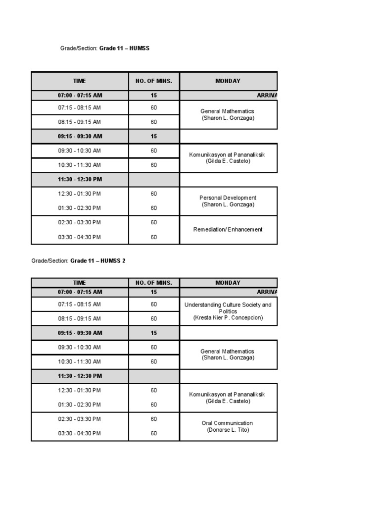 Grade 11-12 Weekly Class Schedule | PDF | Science