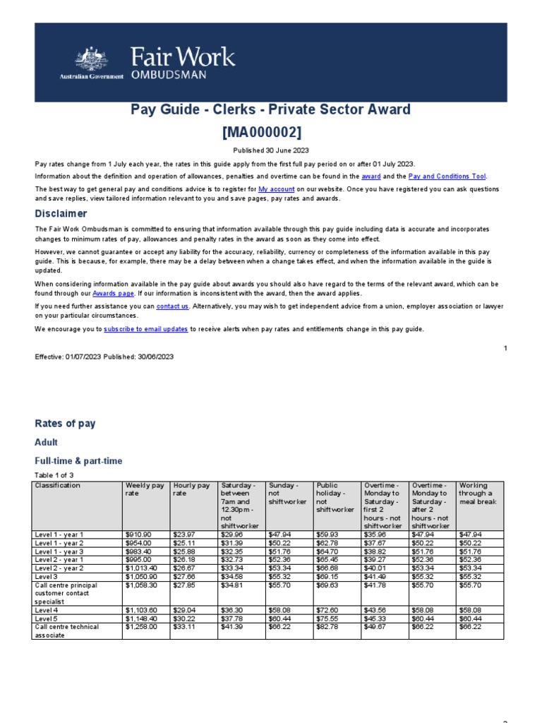Payguides - MA000002 - 1 July 2023 | PDF | Labor | Business