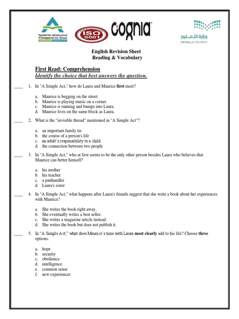 English - Revision Sheet - Reading & Vocabulary Grade 7 | PDF | Word ...