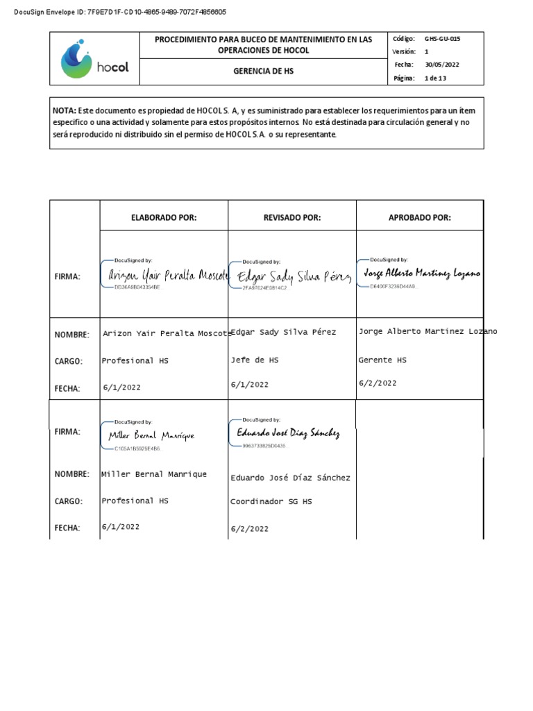 Procedimiento para Buceo de Mantenimiento en Las Operaciones de Hocol | PDF | Buceo bajo el agua ...