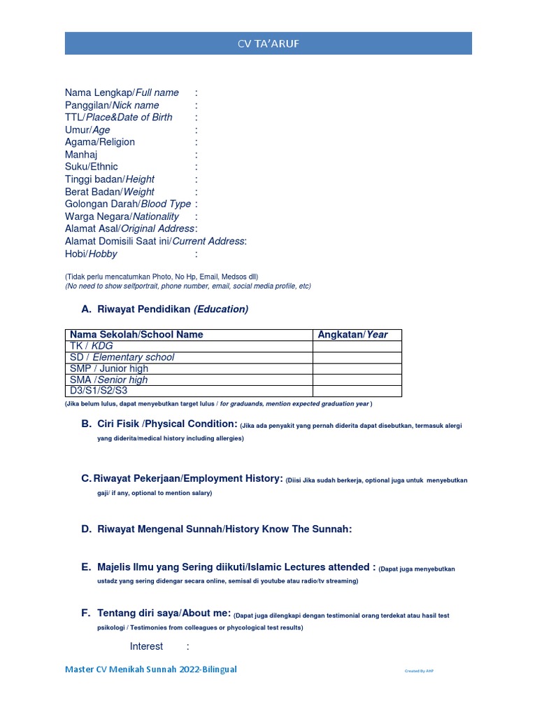 CV Taaruf Menikah Sesuai Sunnah | PDF