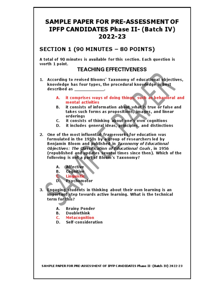 Sample Paper For Ipfp Pre-Assessment Test | PDF | Educational ...