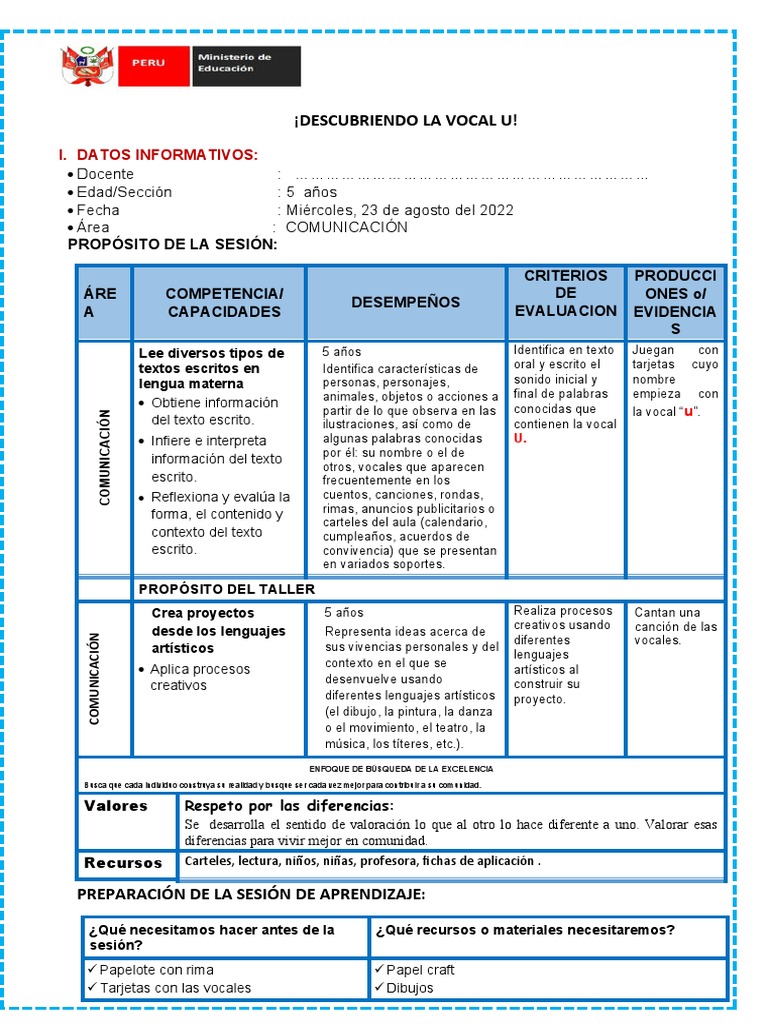 Sesion 3 Descubriendo La Vocal U | PDF | Comunicación | Canciones