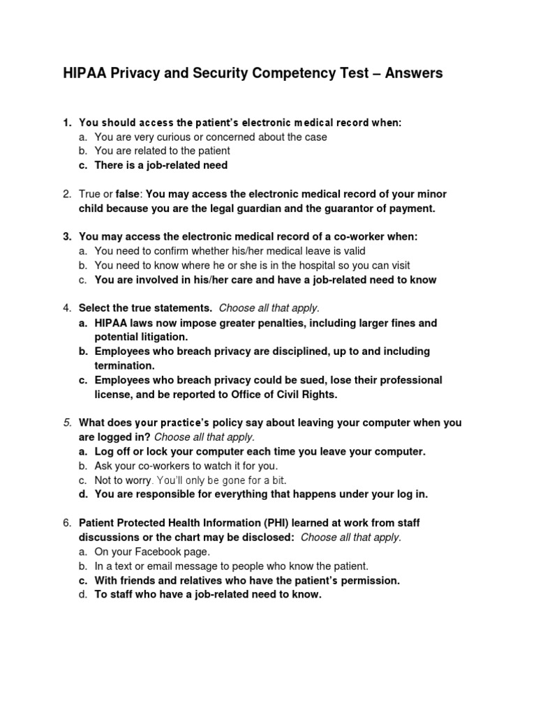HIPAA Privacy and Security Competency Test 2012 - Answers | PDF ...