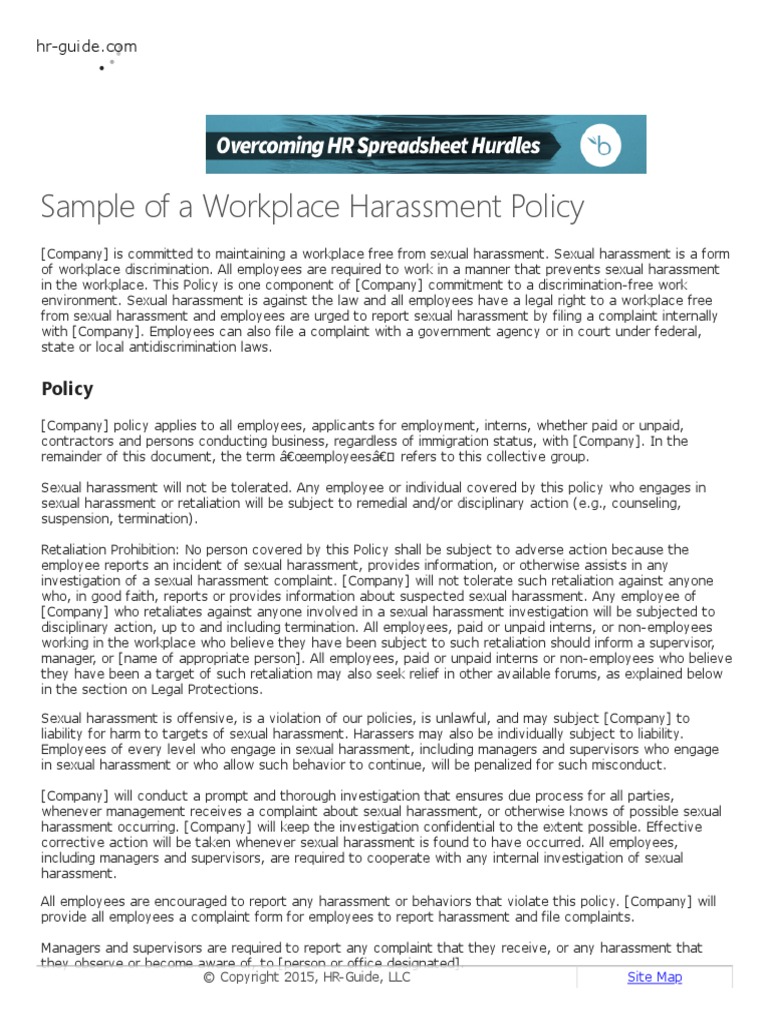 Sample of A Workplace Harassment Policy | PDF | Sexual Harassment ...