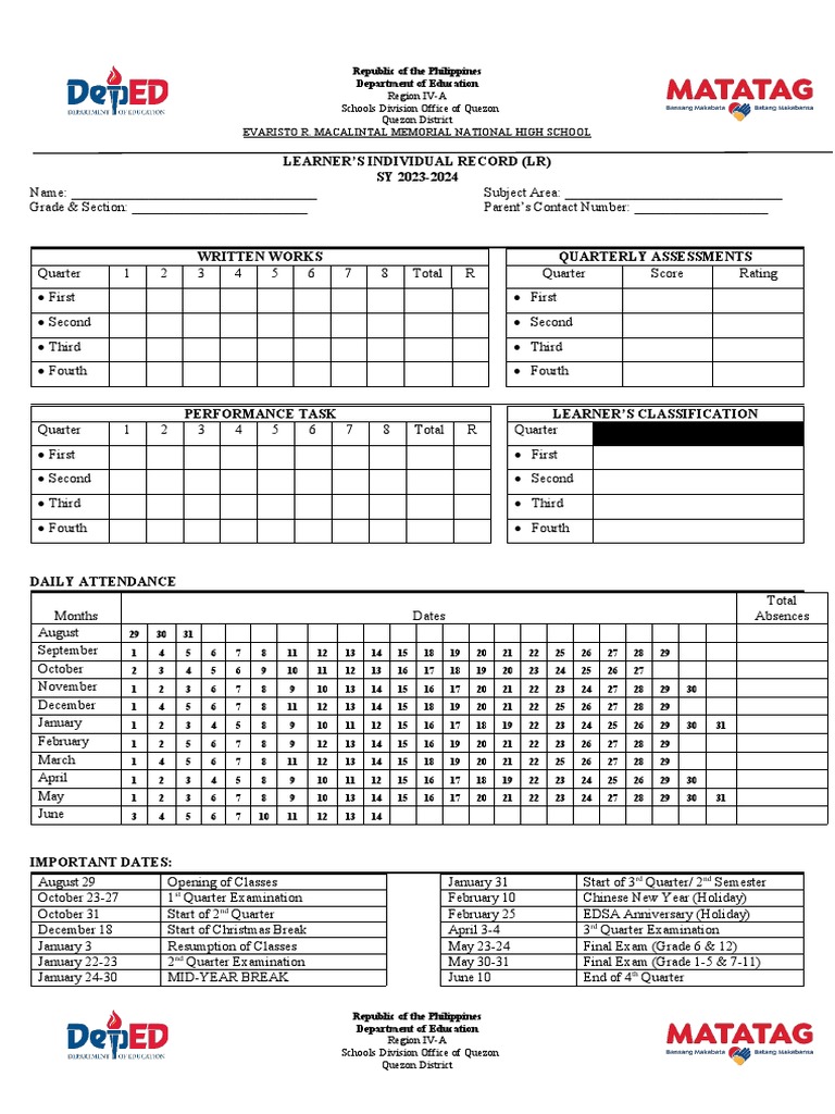 Learner's Individual Record SY 2023-2024 | PDF | Academic Term | Schools