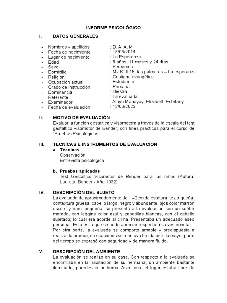 Informe Psicológico Bender | Descargar gratis PDF | Sicología