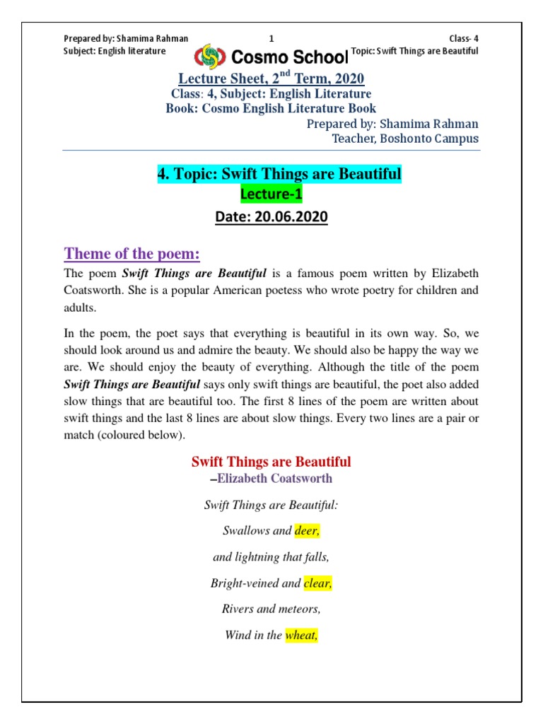 Class 4 Lecture Sheet 1-2, Swift Things Are Beautiful | PDF | Poetry